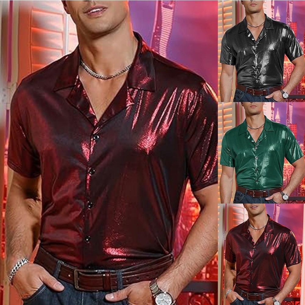 ⭐ Hot selling ⭐ Men Sequin Short Sleeve Button Shirt Slim Trendy T ...