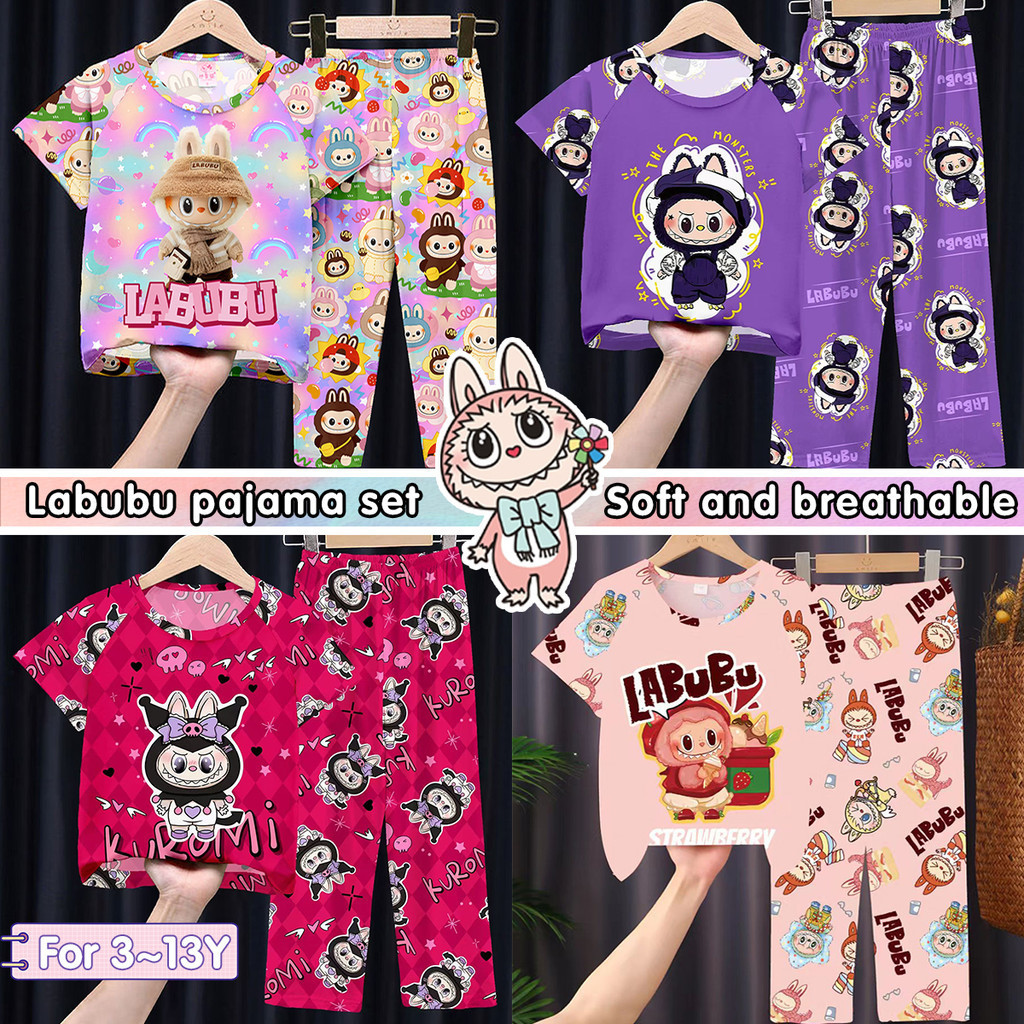 Labubu Kids Sleepwear Set - Cute Cartoon Short Sleeve Pajamas (Popmart ...