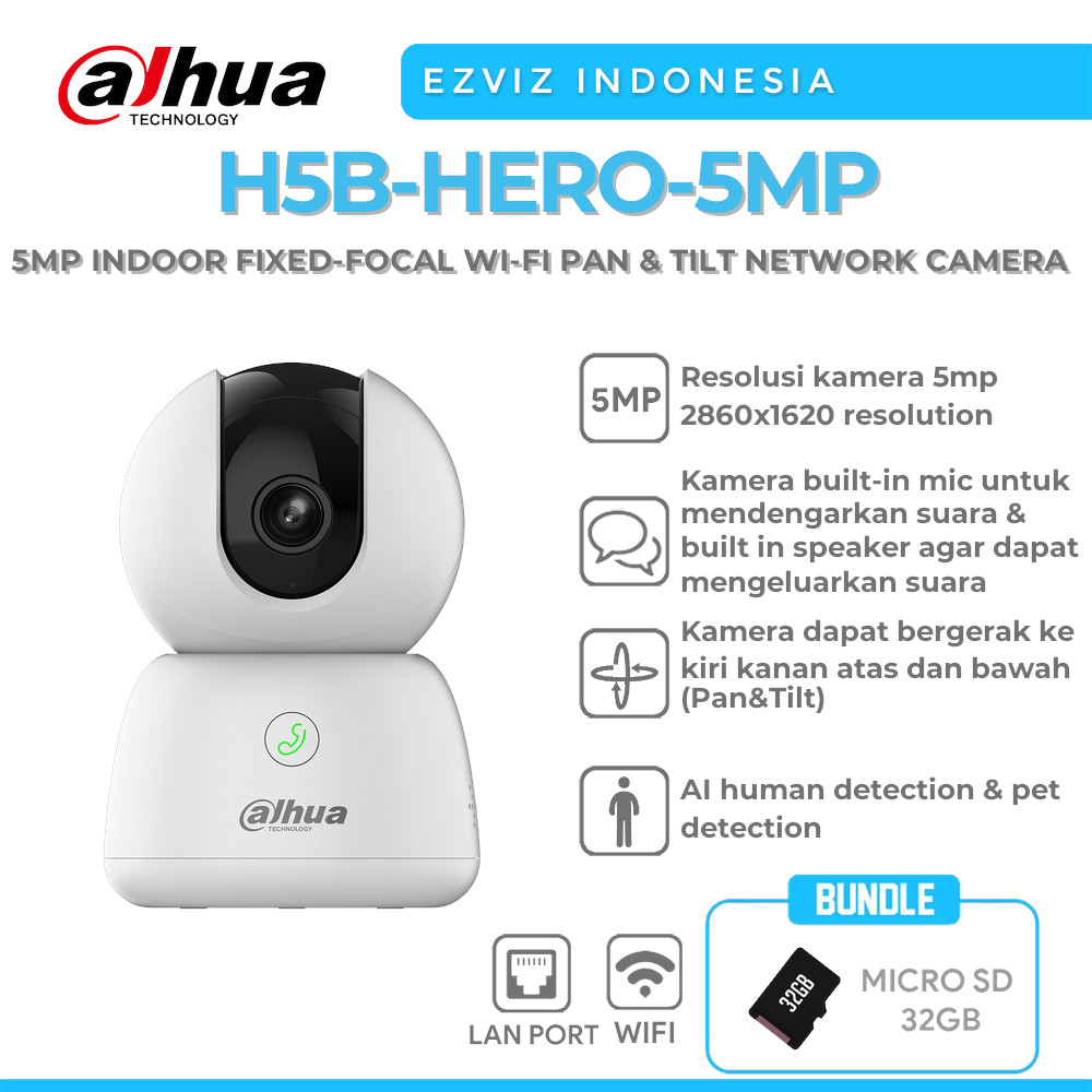 Dahua H5B-HERO-5MP 5MP INDOOR FIXED-FOCAL WI-FI PAN & TILT NETWORK CAMERA FREE MICRO SD 32GB ...
