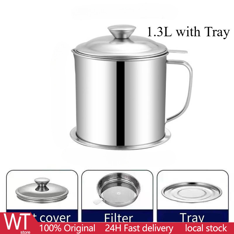 1.3L 304 Stainless Steel Oil Strainer Pot with tray&Lid Oil Separator Storage Can Filter Tank ...