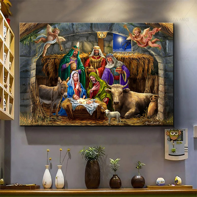 Christian Nativity Manger Virgin Mary Canvas Painting Jesus Holy Night ...