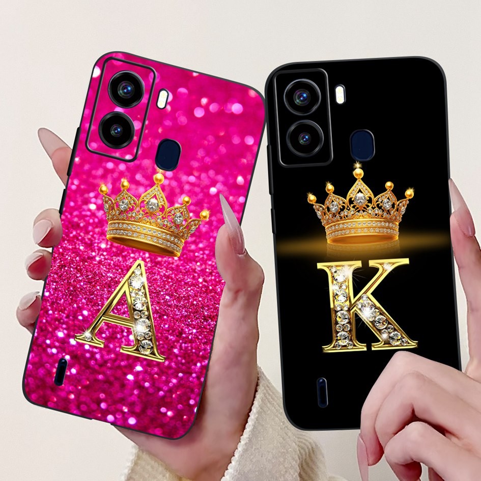 For Tecno Pop 6 BE7 Casing Luxury Crown Letters Soft Black Silicone TPU ...