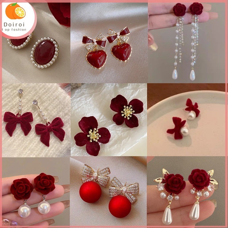 Korean Wine Red Pearl Rose Flower Earrings Hypoallergenicity Flocking ...