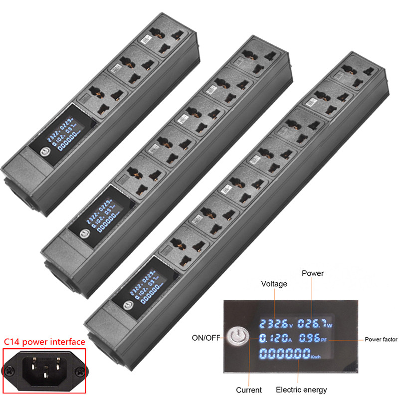 C14 Input Power Strip，2 13 Ways Universal Hole Distribution Unit，ammeter Voltmeter Power Tester