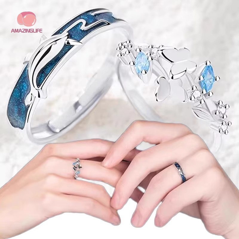 Romantic Blue Ocean Whale Butterfly Couple Rings - Classic Silver ...