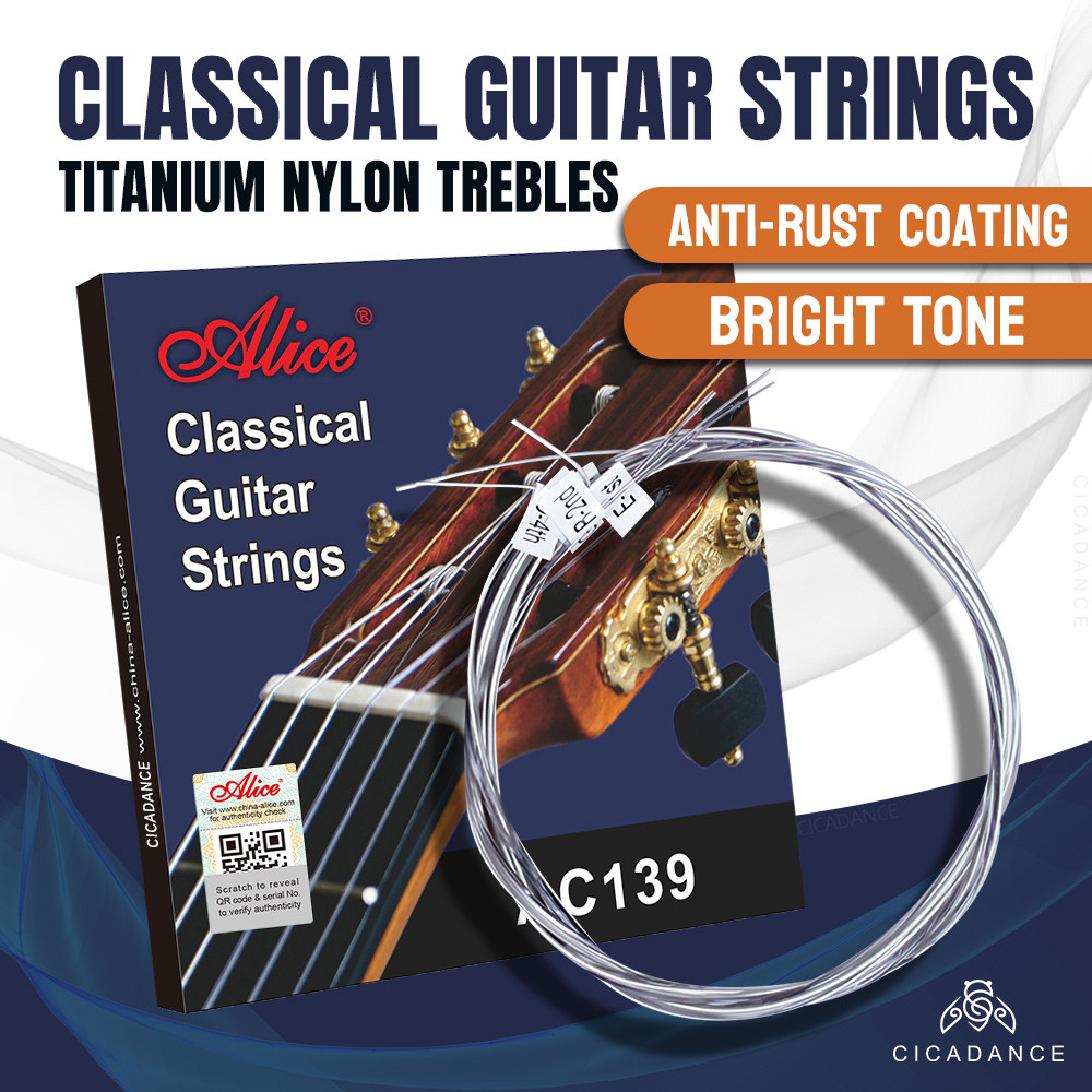 Alice Classical Guitar Strings AC139 Nylon Core & Silver Plated Copper Wrapped Strings Bright ...