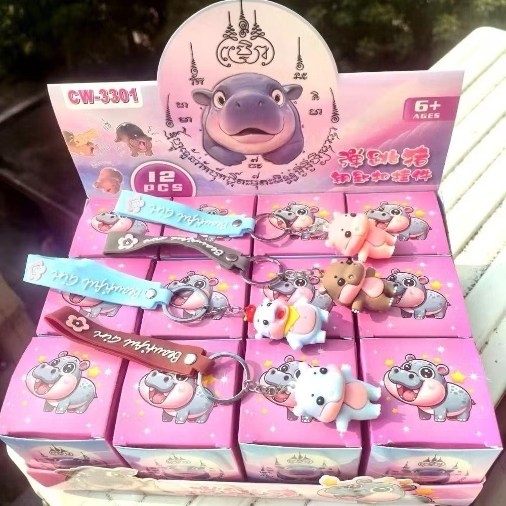 Bouncy Pig Simple Hippo Moo Deng Keychain Key Ring Box Of 12 Cartoon ...