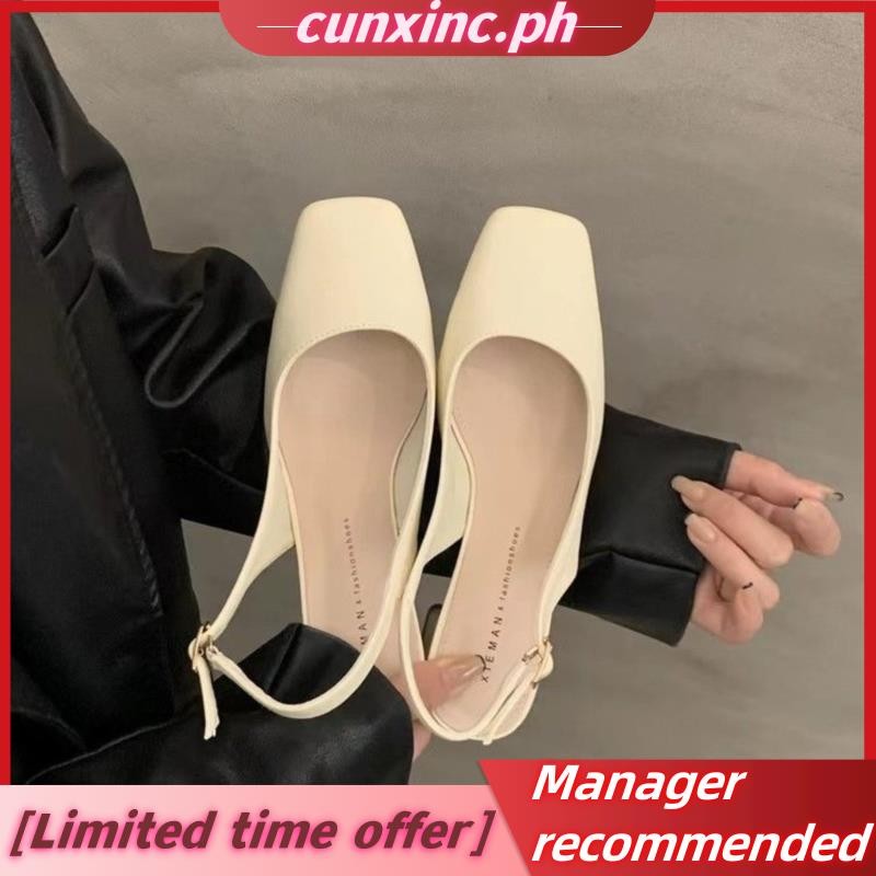 French Style Closed Sandals for Women Square Toe Mid-Heel Chunky Heel ...