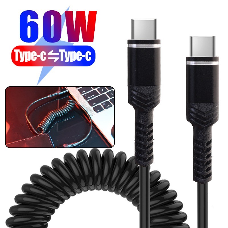 PD 60W Fast Charging Spring Cable - Retractable Type C to Type C Data Cable - Dual Type-C Data ...
