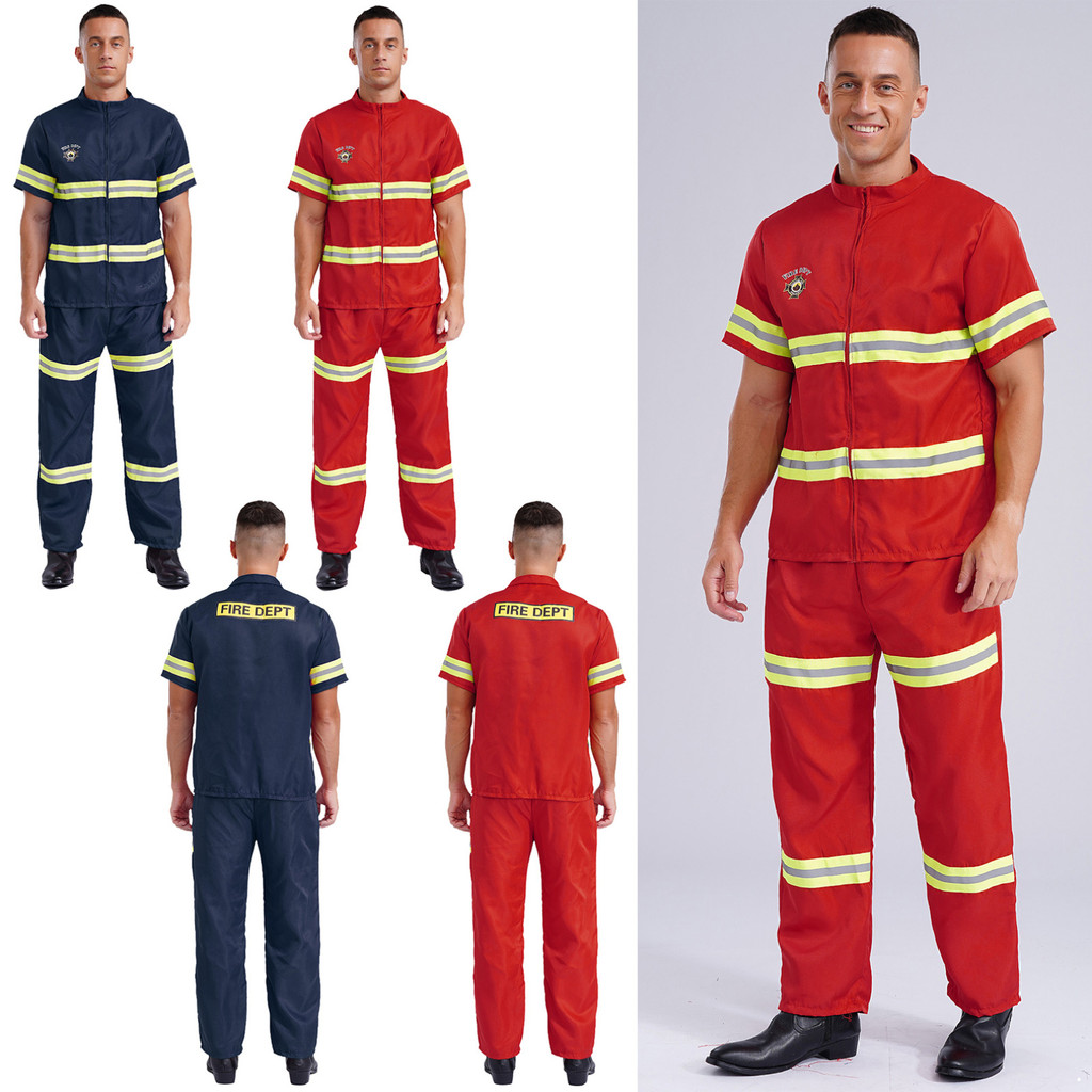 Men Firefighter Dress Up Costume Suit Plastic Helmet Reflective Stripes ...