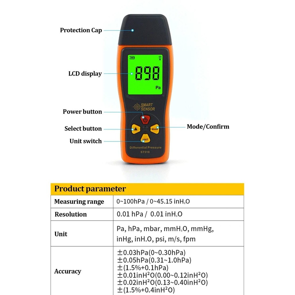Differential Pressure Meter Manometer Digital Air 0-100 HPa/0-45.15 in ...