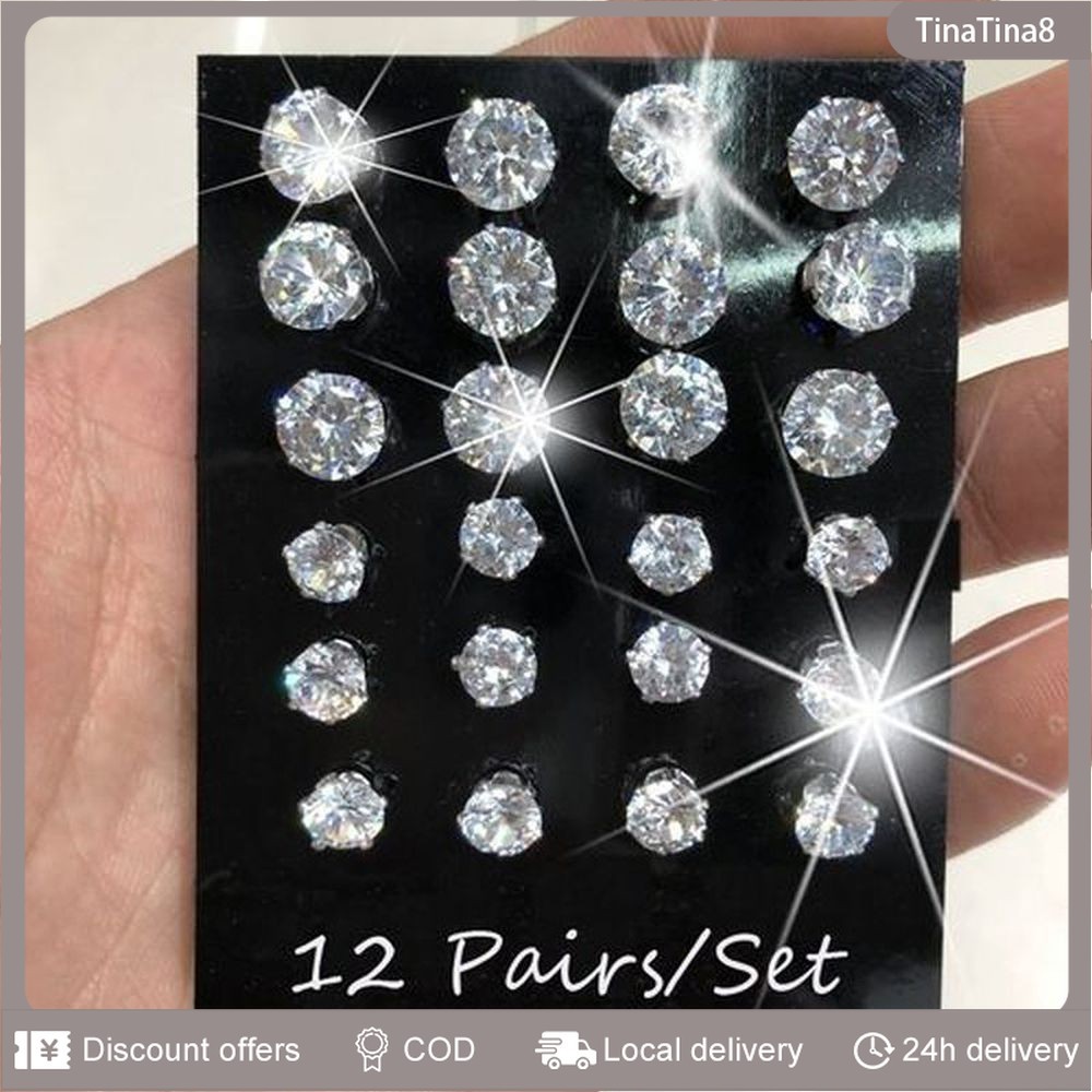 12 Pair/lot White Cubic Zirconia Earrings Men Women Stainless Steel ...