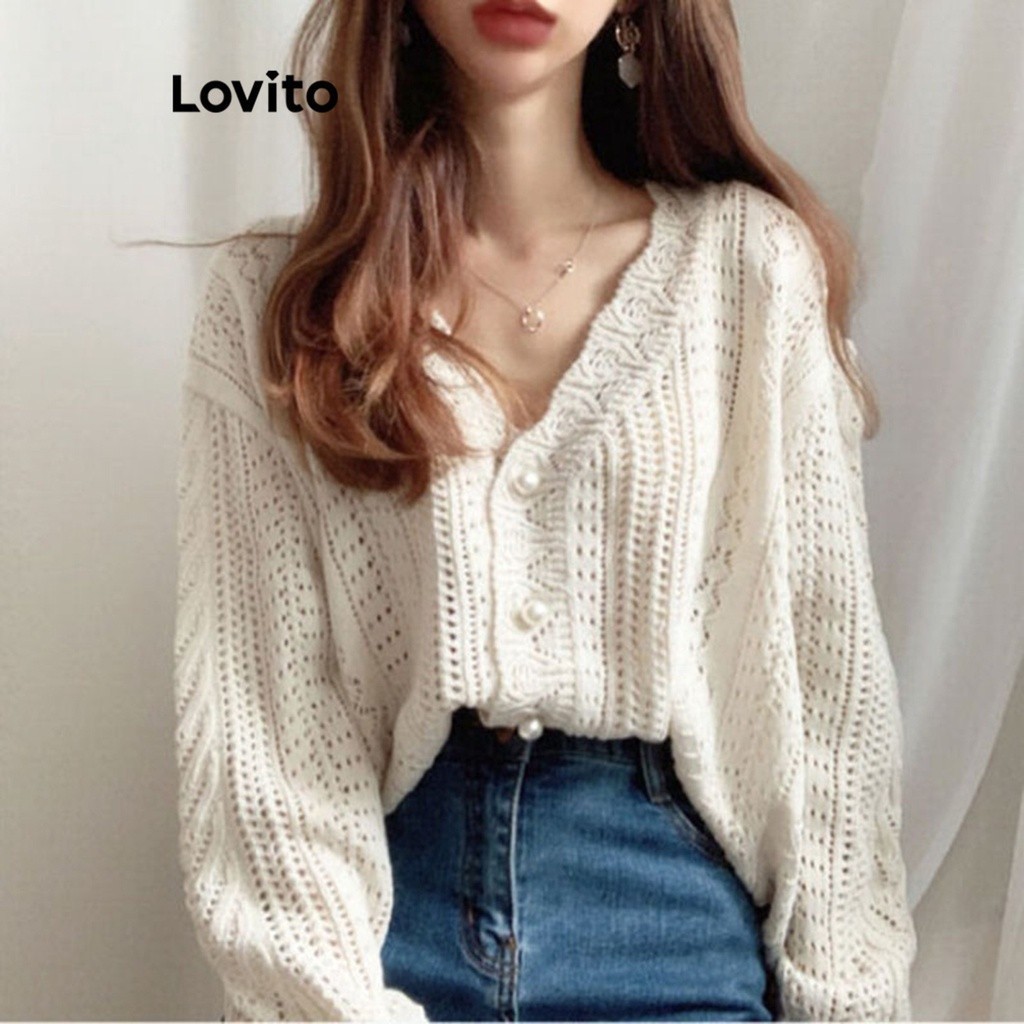 Lovito Women Casual Cardigans Plain Button Cut Out Cardigan LNA29159 ...