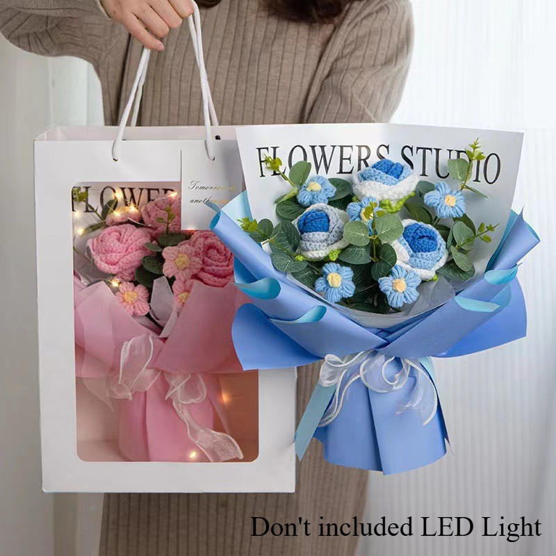 Finished Knitted Flower Rose Sunflower Crochet Bouquet Creative Knitted Flower Home Decoration ...