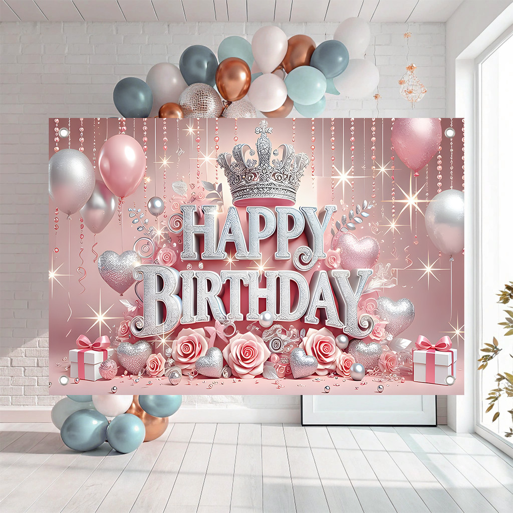 150*100cm Pink Silver Crown Happy Birthday Backdrop Birthday Party Decorations Rose Balloon ...