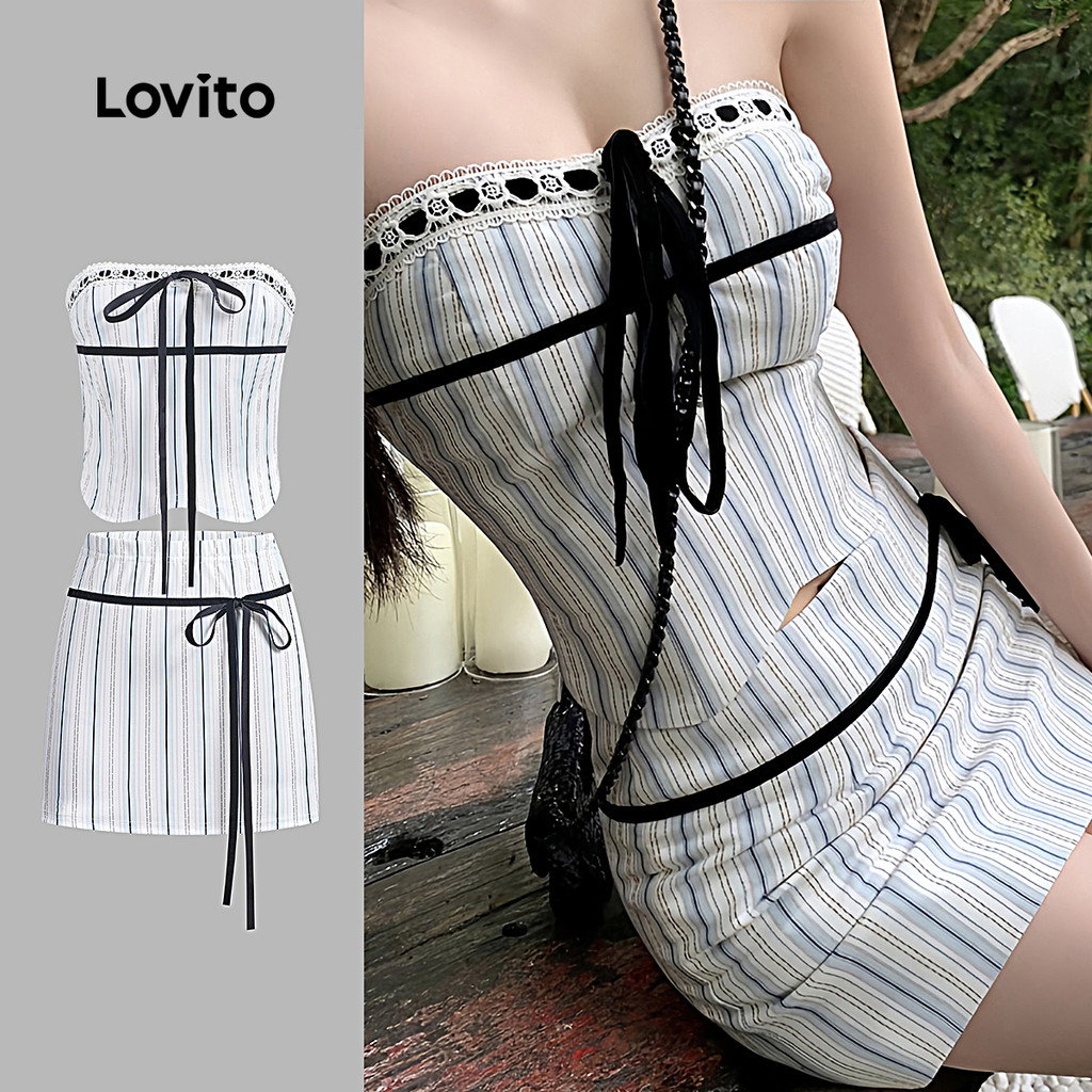 Lovito Women Preppy Striped Lace Up Bow Tops or Bottoms L130AD161 ...
