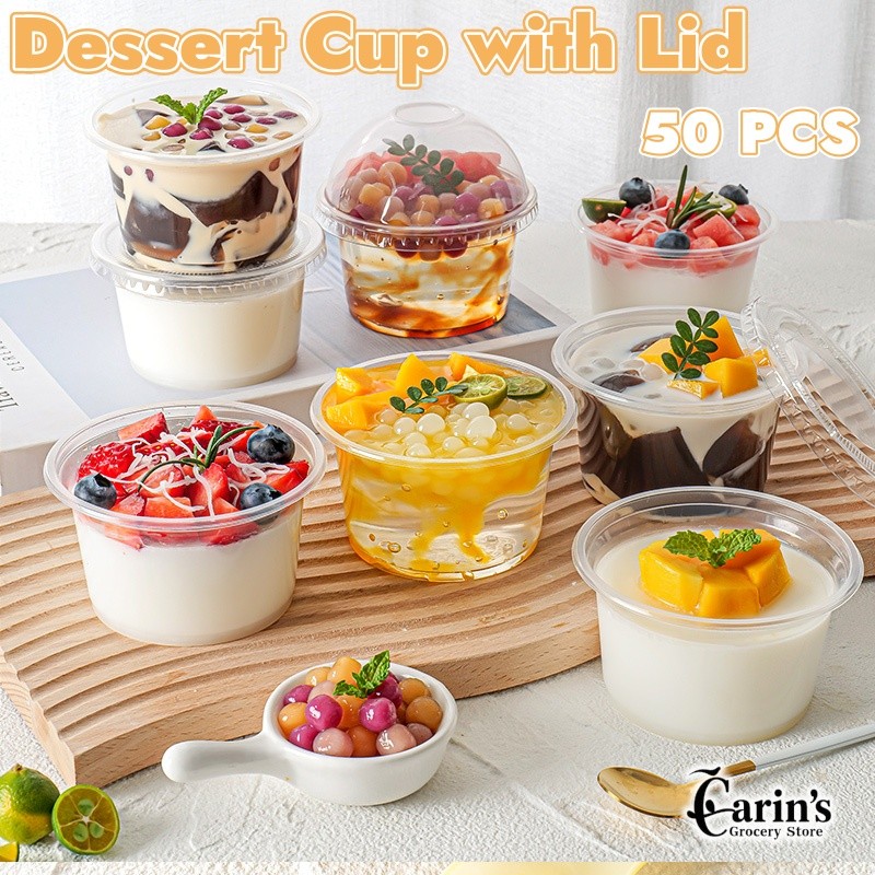 50 PCS Dessert Cup With Lid Disposable Plastic Mousse Cup Pudding Cake ...