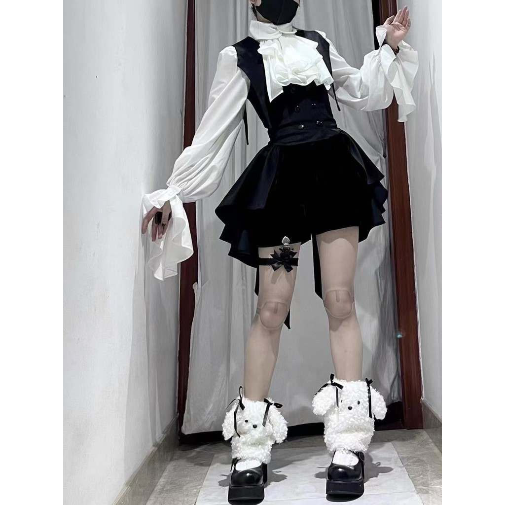 Korean Lolita Sweet Cool Set with Ruffle Sweet Top Black Shorts 3-Piece ...