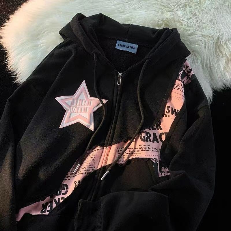 Escape the Earth Fried Street Star Letter Print Stitching Cardigan Sweatshirt Women Street Wear ...