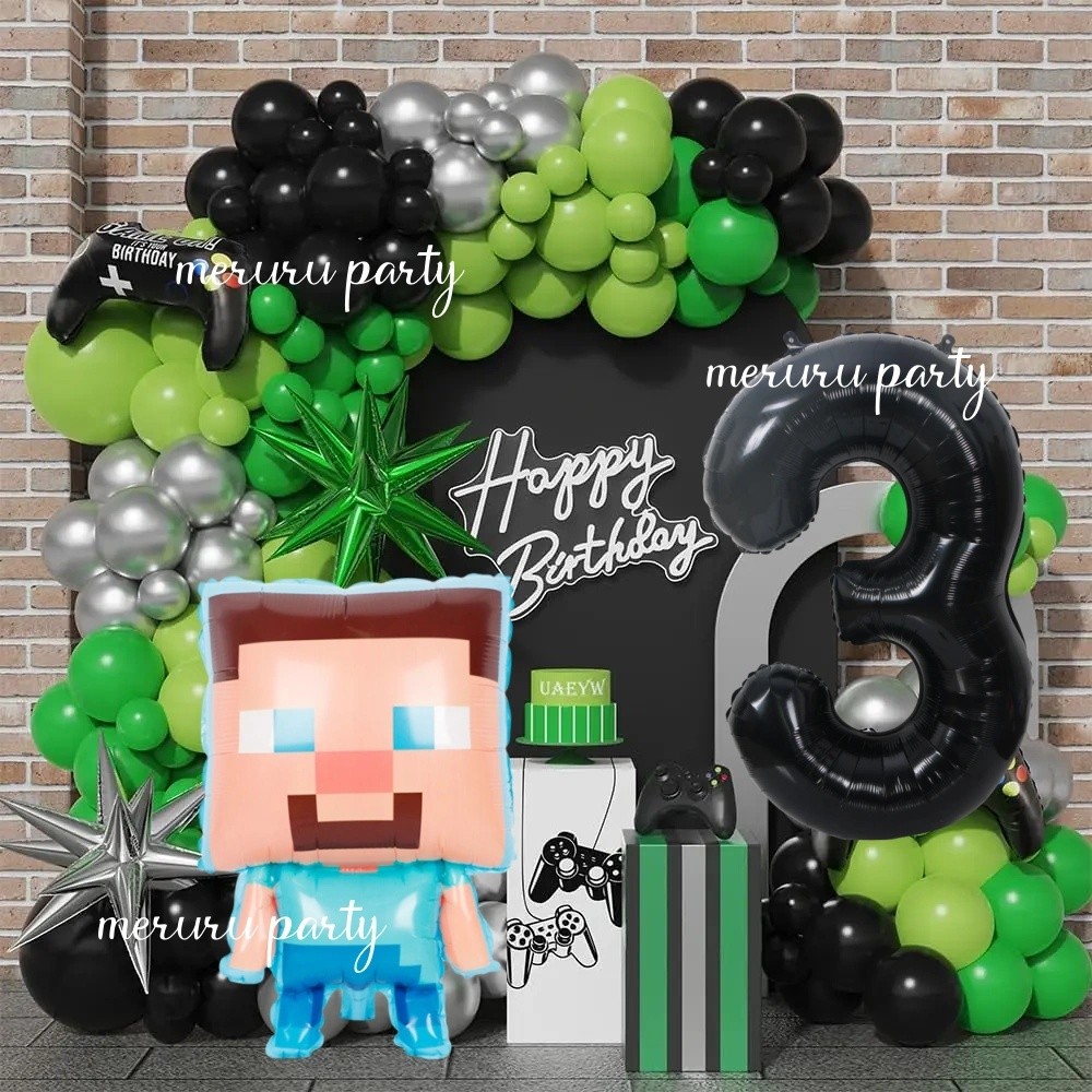 Minecraft Theme Balloon Garland Arch Kit Game Handle Black Green Latex ...