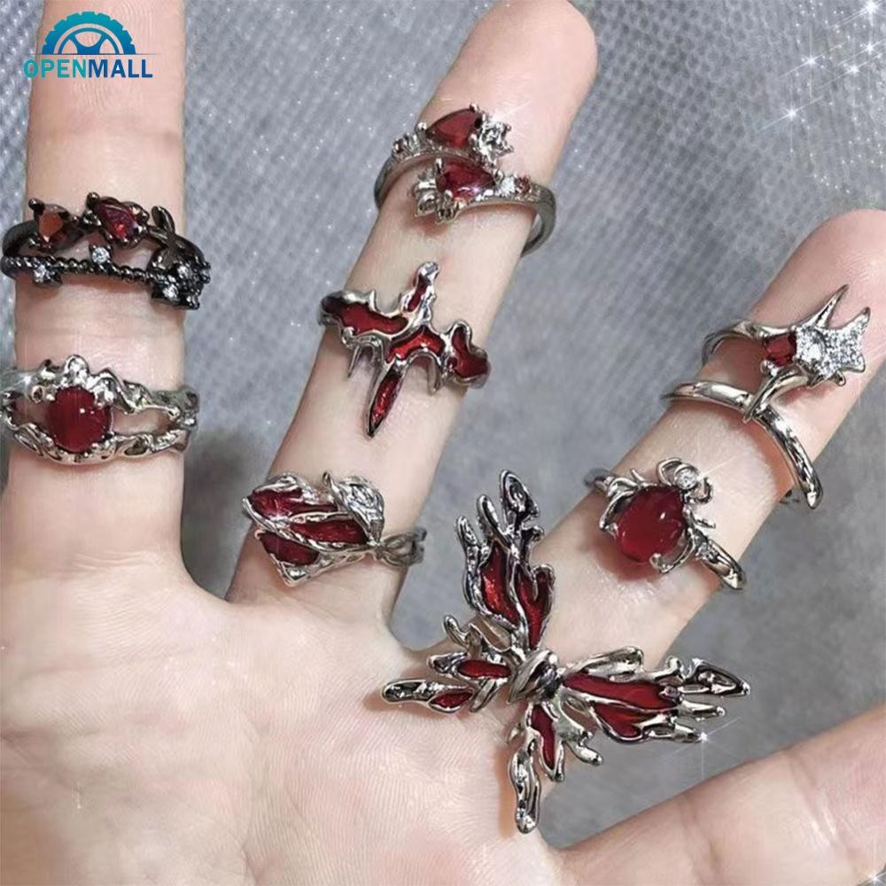 OPENMALL New Punk Cross Butterfly Irregular Red Crystal Glass Heart Aesthetic Rings for Women ...