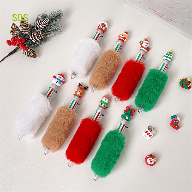 6 Colors Christmas Ballpoint Pen Plush Xmas Pen Santa Claus Reindeer ...