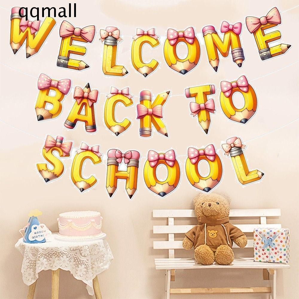 QQMALL Welcome Back To School Banner, Cartoon Pencil School Season ...
