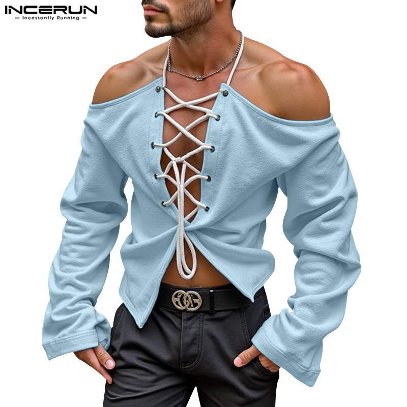 INCERUN Men Vintage Casual Straps Design Off-Shoulder Long Sleeve T ...