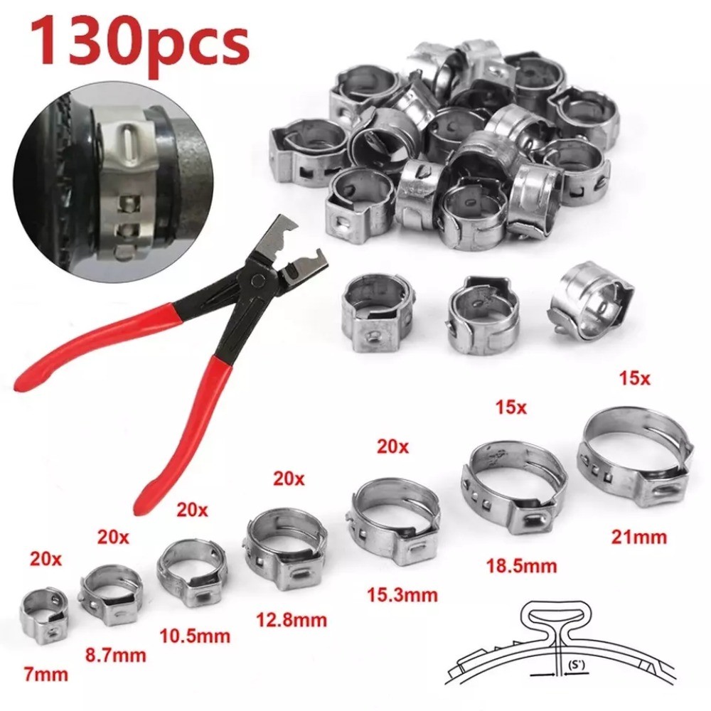 130Pcs Single Ear Stepless Hose Clamps Crimper Crimping Tool Kit ...
