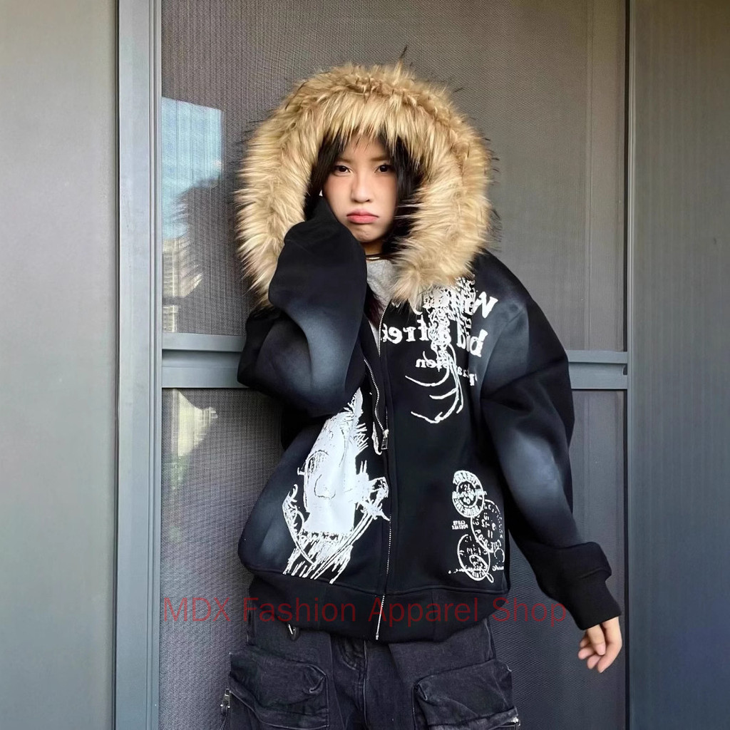 American Retro Y2k Millennium Fur Collar Zipper Hooded Jacket for Women ...