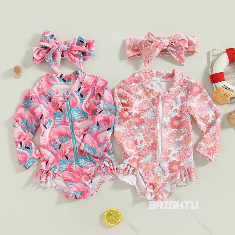 Kids Girls Rash Guard Swimsuit Romper Flamingo/Flower Print Zipper Long Sleeve Sun Protection ...