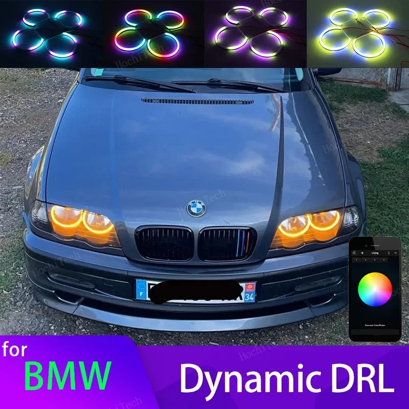 For BMW 3 5 7 Series E46 E39 E38 Colorful RGBW Cotton LED Angel Eyes Revolving Dynamic Light ...