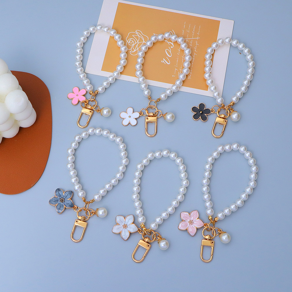 Trendy Pearl Chains Key Ring Sweet Enamal Sakura Keychains Elegant ...
