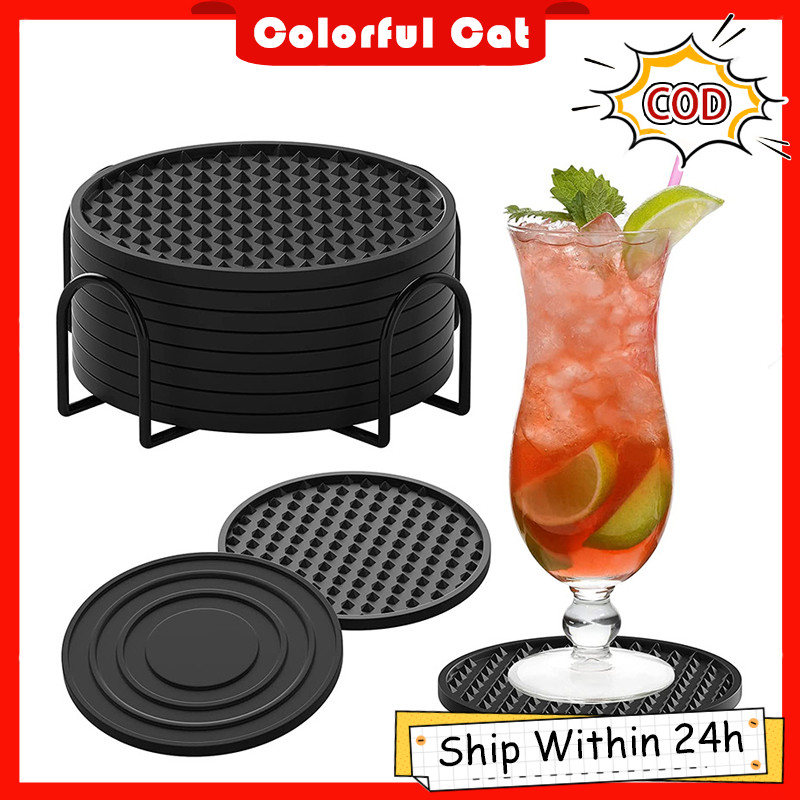 7 Pcs/Set 6 Pads 1 Holder Non-slip Silicone Drink Coasters for Coffee ...