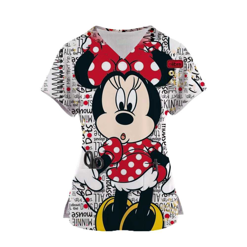 Disney Mickey Mouse Print Nurse Uniform Cute Minnie 3D Print V-Neck ...