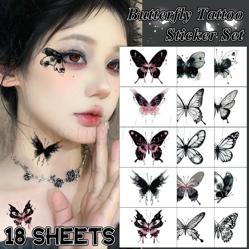 18 Sheets/Set 3D Butterfly Tattoo Stickers - Dark Black Fake Tattoo ...