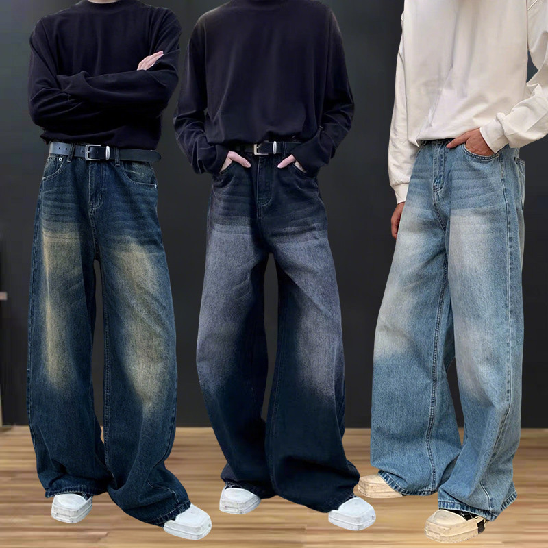 Retro Baggy Jeans for Men Straight Leg Maong Pants Wide Leg Jeans ...