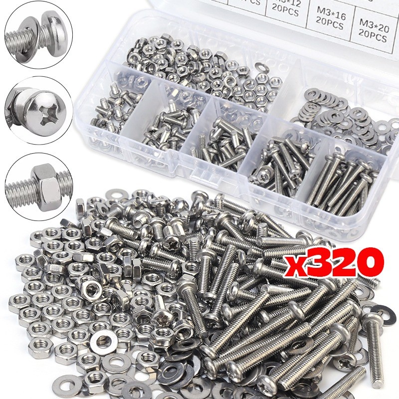 320Pcs/Box M3 Screw Nut Kit / Stainless Steel Hex Bolts Nut Flat Washer ...