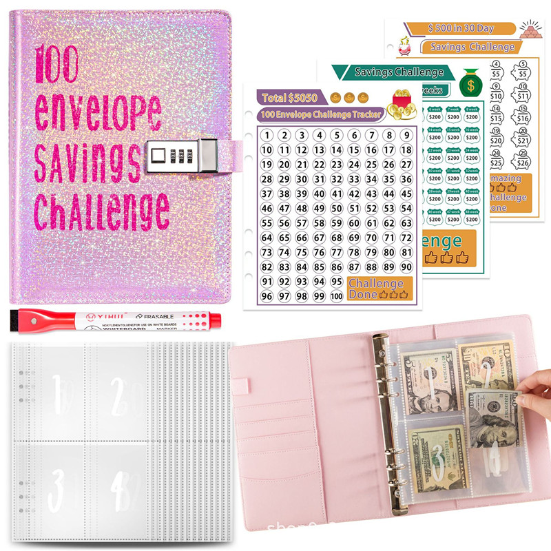 100 Envelope Savings Challeng Binder Color Leather Money Saving Binder ...