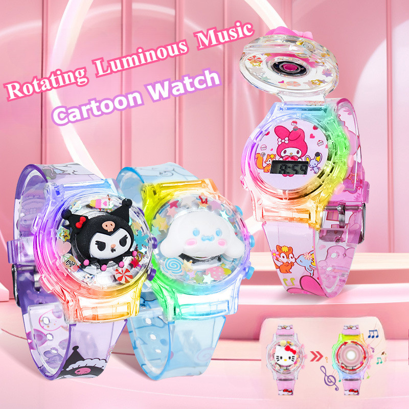 Sanrio Kuromi Hello Kitty Kids Rotating Digital Watch Luminous Music ...