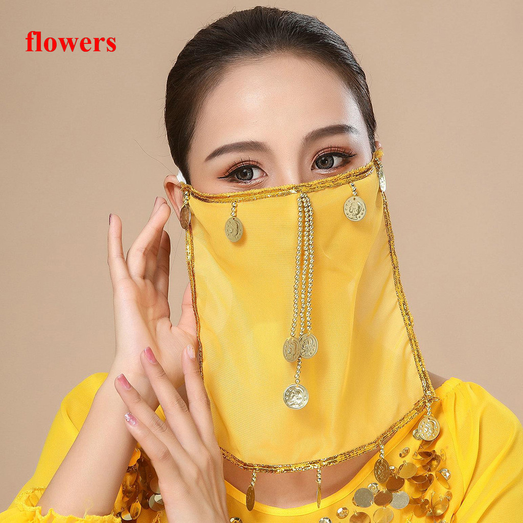 Women Belly Dance Tribal Face Veil with Coins Indian Dance Danging Coin ...