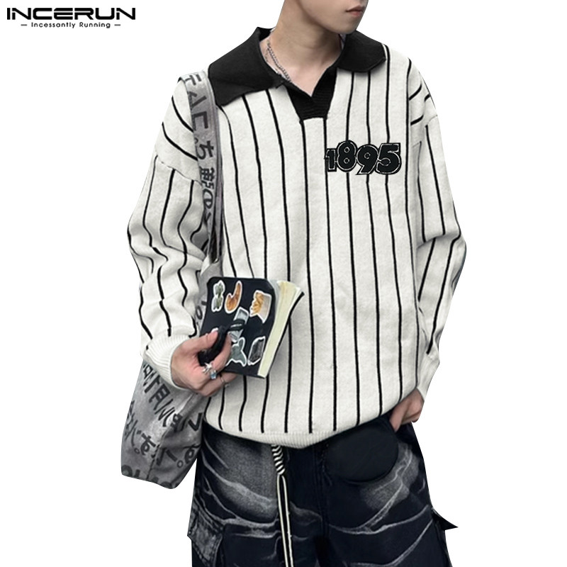 INCERUN Men Korean Simple Colorblocking Stripe Long Sleeve POLO Shirts ...