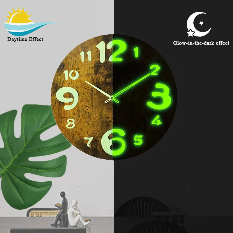 12 Inch Round Wooden Luminous Clock Glow In The Dark Wall Clock Battery ...