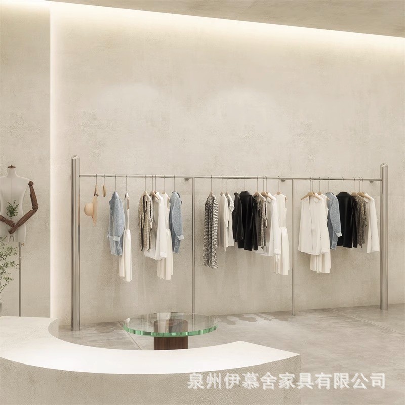 Clothing Store Display Rack Stainless Steel Silver Wall-Mounted Hanger ...