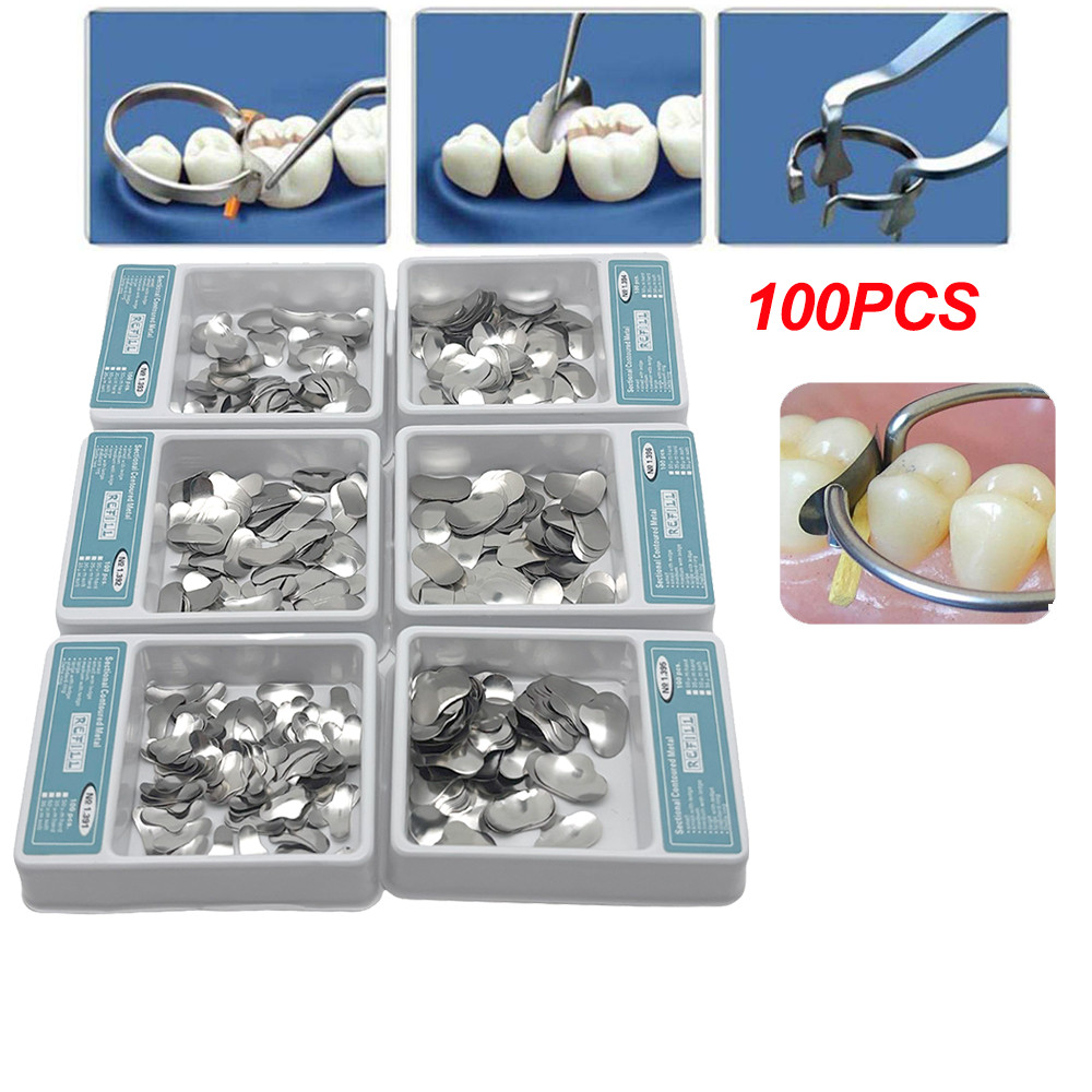 100Pcs Dental Matrix Sectional Contoured Matrices Band Kit Metal Rings ...