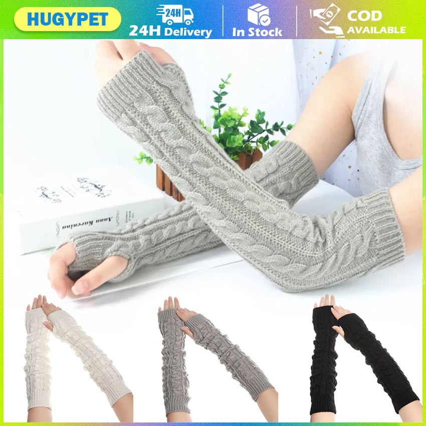2pcs Knitted Long Fingerless Mitten Glove Arm Warmer Stretchy Mitten ...