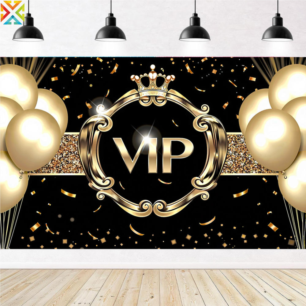 VIP Party Backdrops for Birthday Photoshoot Golden Balloon Black Gold ...