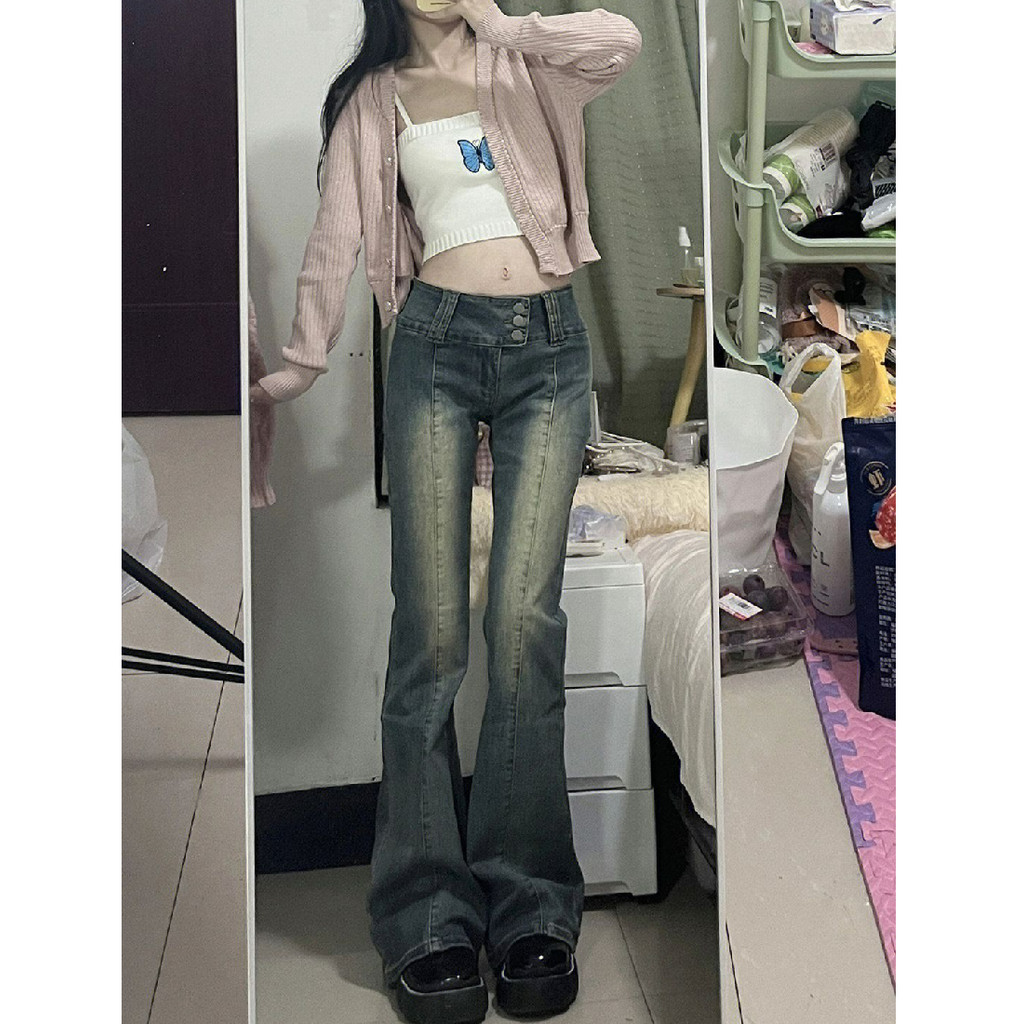 GDTIMA Retro Jeans Women High Waist Slim Wide Leg Dragging Pants ...