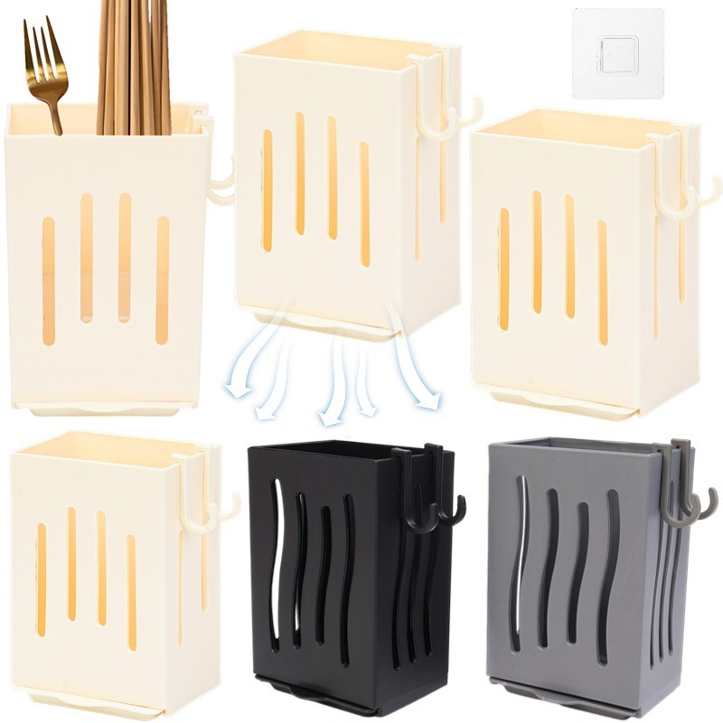 Wall Mounted Chopstick Spoon Storage Box with Hooks Kitchen Space ...