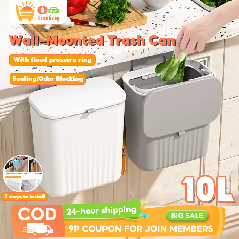COSY HOMES 10L Trash Can Sliding Wall Mounted Garbage Can With Cover ...